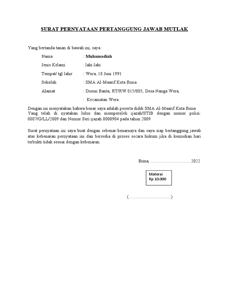Surat Pernyataan Pertanggung Jawab Mutlak | PDF