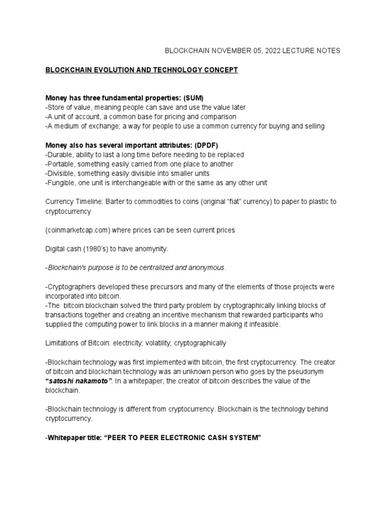 Blockchain November 05, 2022 Lecture Notes | PDF | Bitcoin | Cryptocurrency