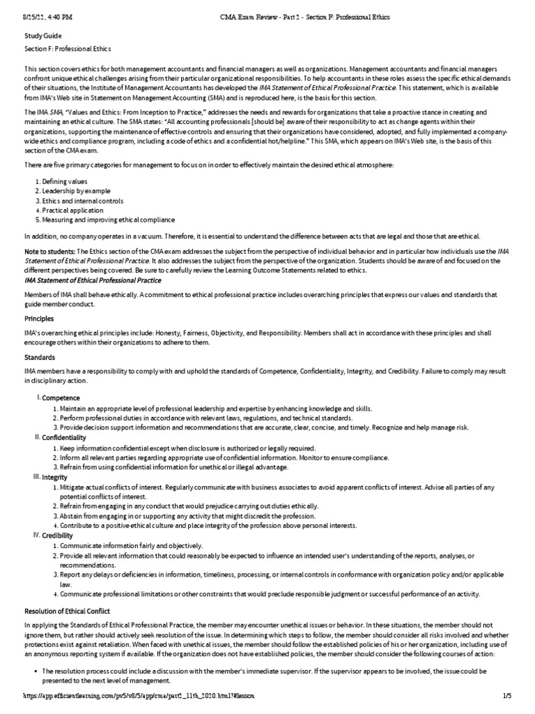 CMA Exam Review - Part 2 - Section F - Professional Ethics | PDF