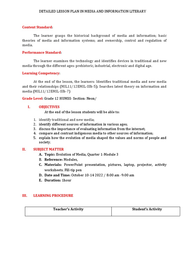 Detailed Lesson Plan in Media and Information Literary | PDF
