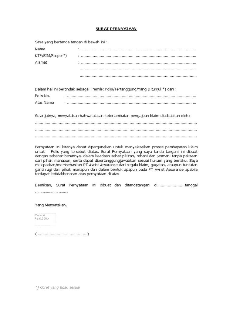 Surat Pernyataan Telat Mengajukan Klaim | PDF