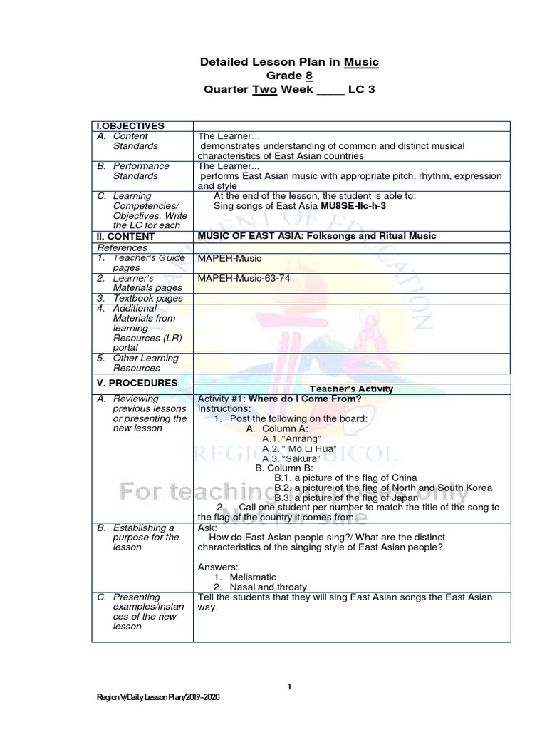 Detailed Lesson Plan in Music Grade 8 Quarter Two Week | PDF | Lesson Plan | Singing
