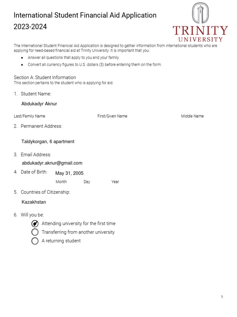 International Student Financial Aid Application 202 3-2024: Section A: Student Information 1 ...