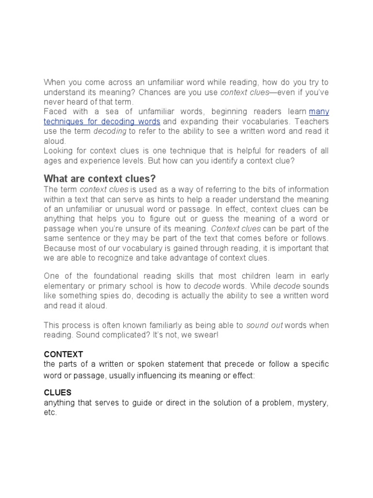 Context Clues | PDF | Linguistics | Grammar