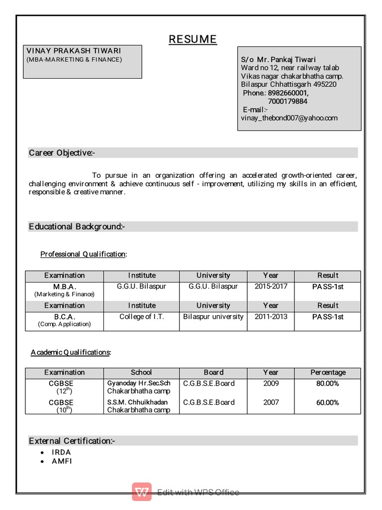 Resume New Vinay Resume Latest | PDF