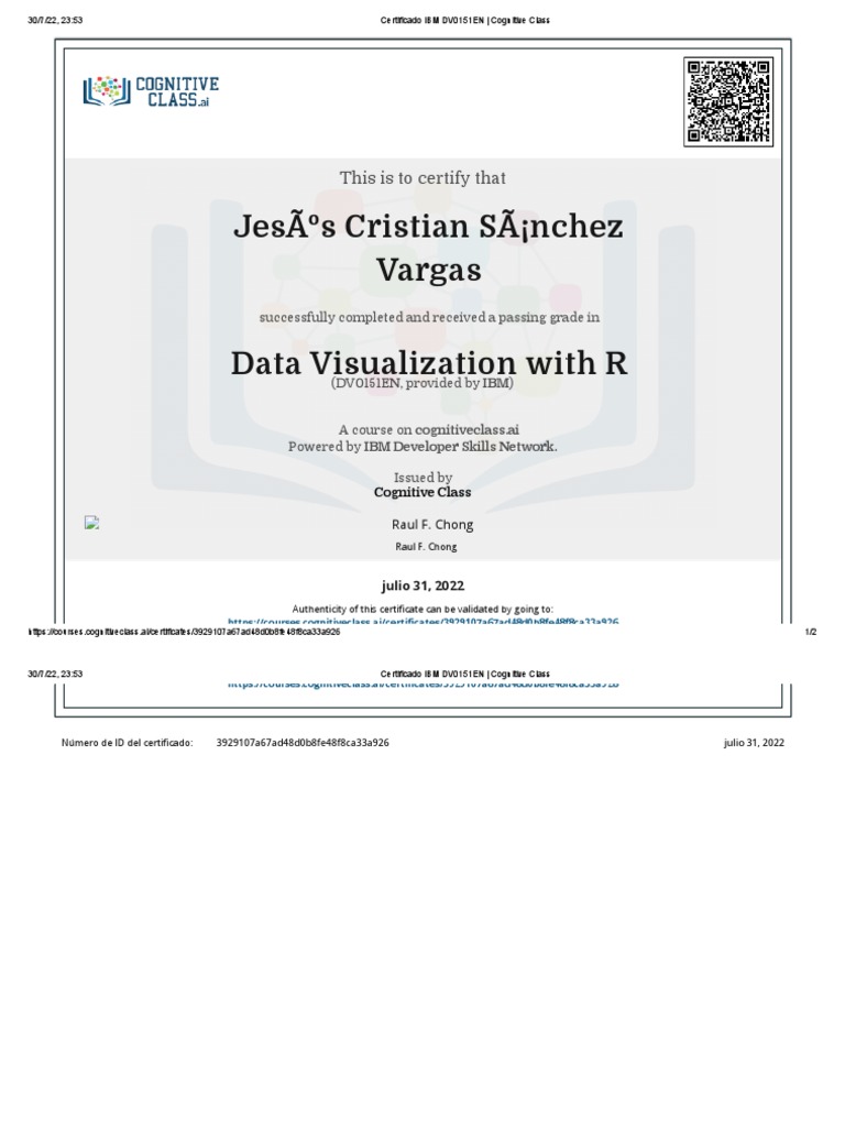 Certificado IBM DV0151EN - Cognitive Class | PDF