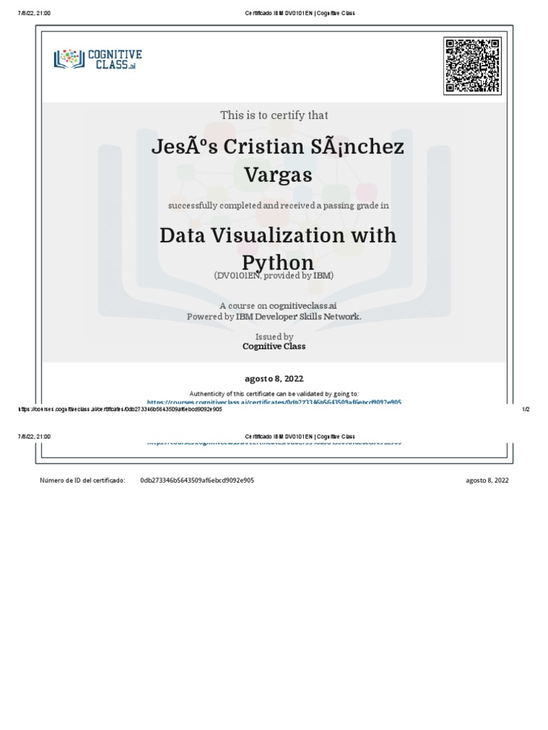 Certificado IBM DV0101EN - Cognitive Class | PDF