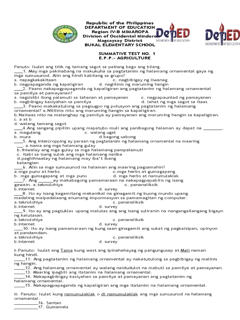 Epp Agriculture Summative Test 1 5 and Periodic Test With Tos | PDF Epp Agriculture Summative Test 1 5 and Periodic Test With Tos | PDF