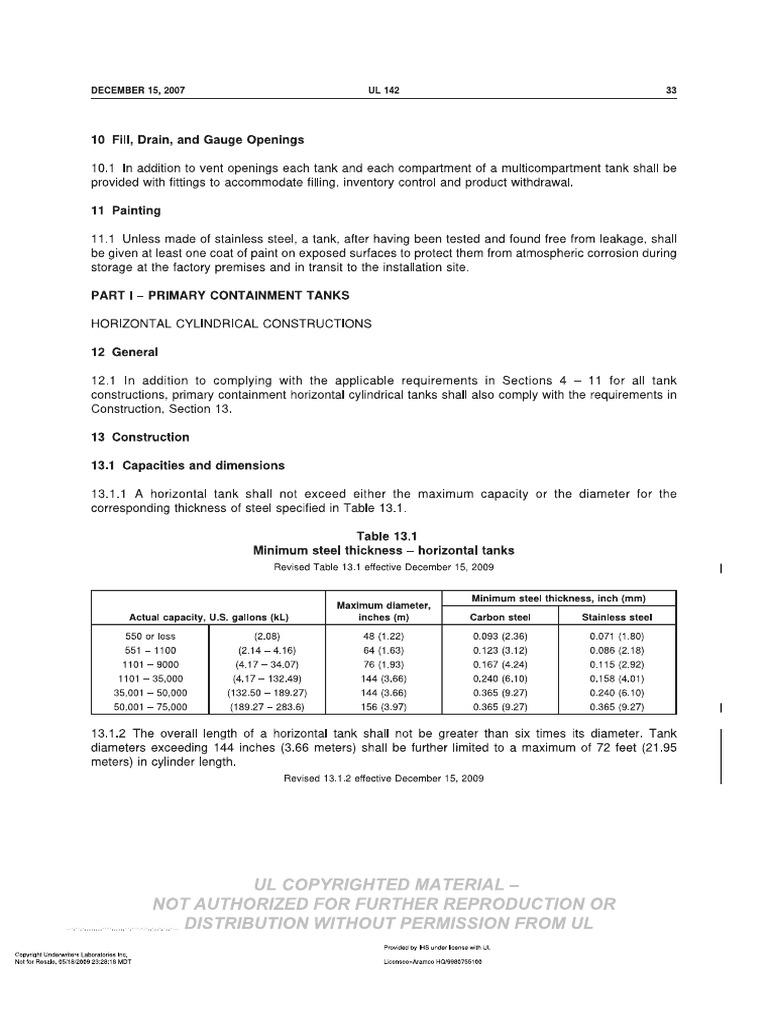Espesores de Tanque Horizontal - Norma Ul 142 | PDF