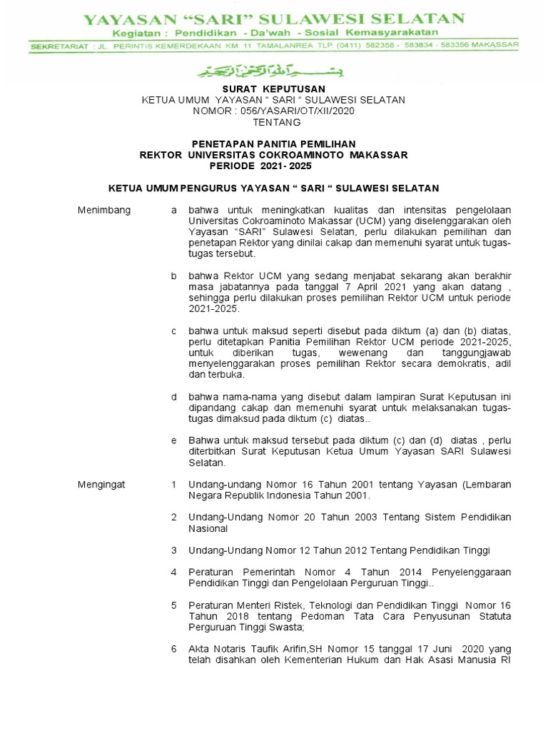 SK - Yasari TTG - Panitia Pemilihan Rektor | PDF
