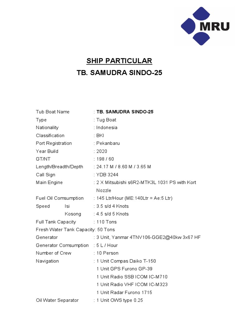 Ship Particular TB. Samudra Sindo-25 (Logo MRU) | PDF