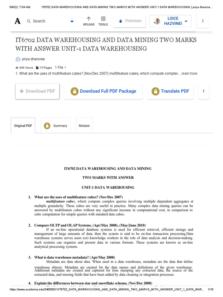 It6702 Data Warehousing and Data Mining Two Marks With Answer Unit-1 ... It6702 Data Warehousing and Data Mining Two Marks With Answer Unit-1 ...