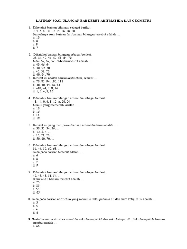 Latihan Soal Ulangan Bab Deret Aritmatika Dan Geometri | PDF | Metode & Bahan Ajar | Teknologi ...