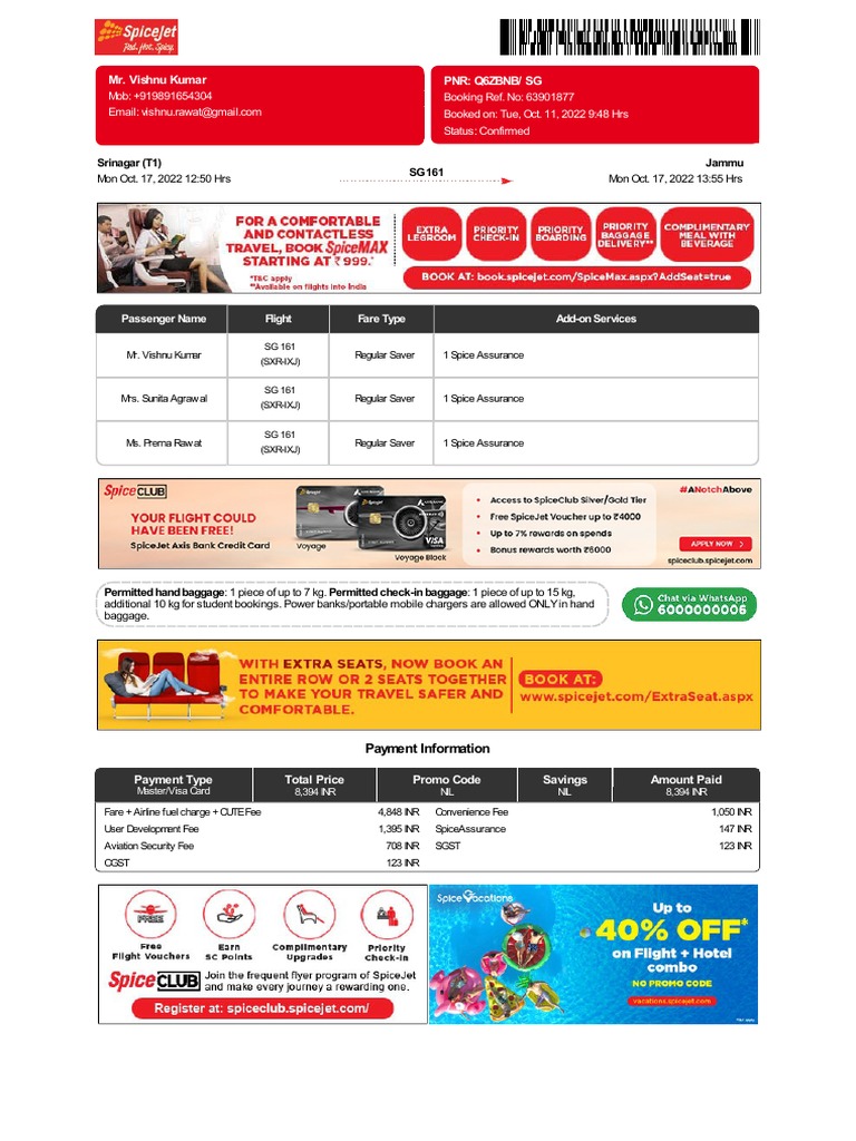 SpiceJet - E-Ticket - PNR - Q6ZBNB 17 Oct 2022 Srinagar-Jammu For MR ...