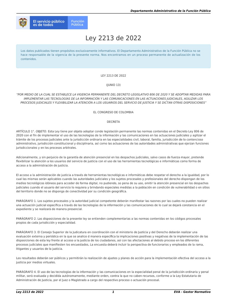Ley 2213 de 2022 Gestor Normativo | Descargar gratis PDF | Demanda judicial | Apelación
