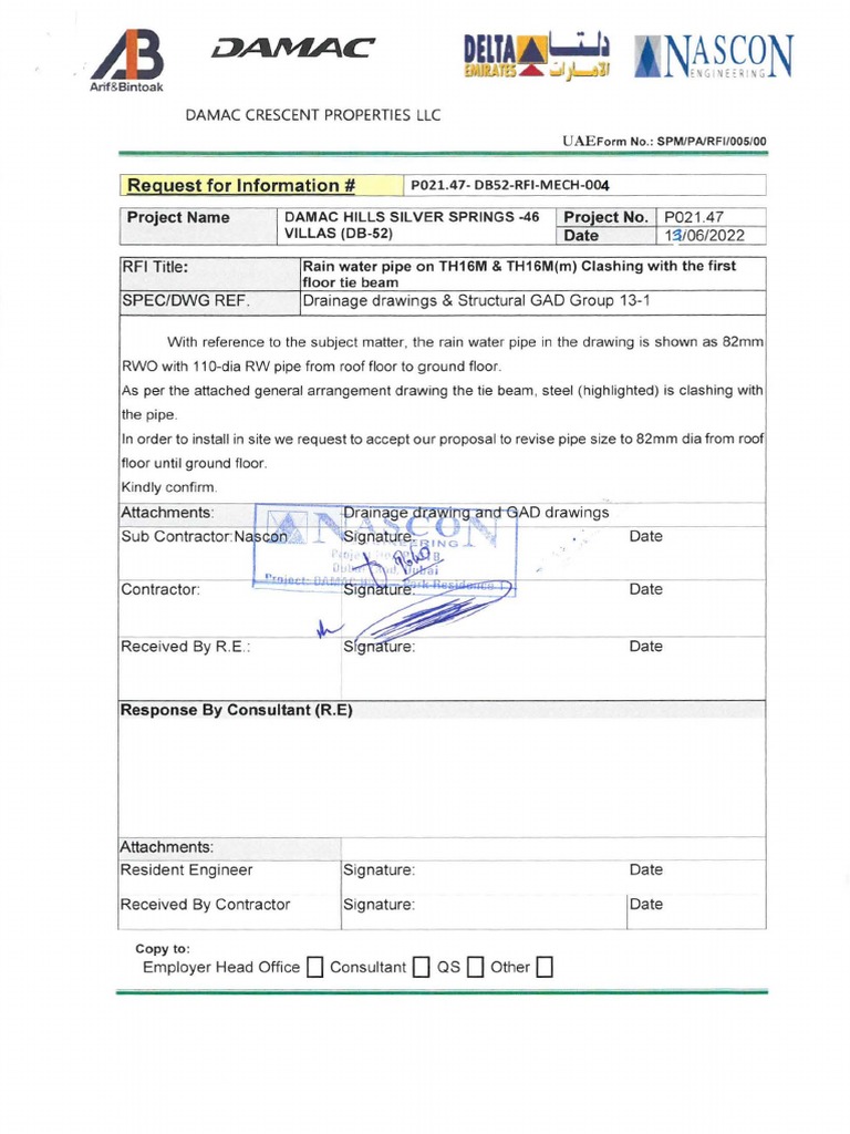 P021.47-DB52-RFI-MECH-004 Rain Water Pipe On TH16M and TH16M Clashing ...