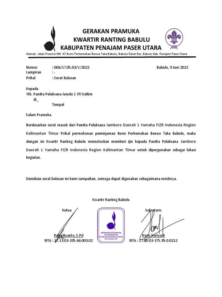 Surat Balasan Peminjaman Tempat Jamda 1 Yfi Kaltim | PDF