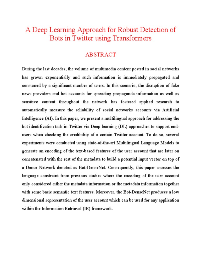 A Deep Learning Approach For Robust Detection of Bots in Twitter Using Transformers | PDF