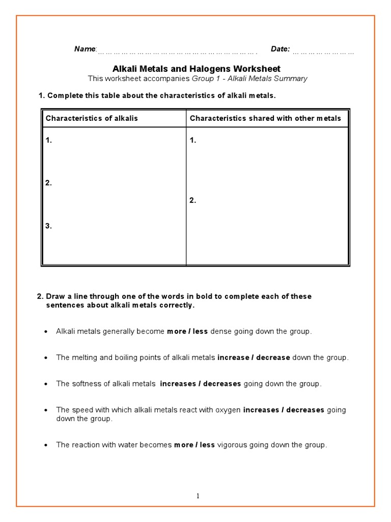 Alkali Metals and Halogens Worksheet-1452166528 | PDF | Chlorine ...
