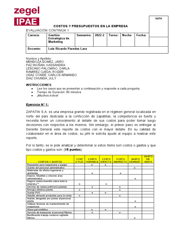 Practica Calificada Costos y Presupuestos en La Empresa | PDF | Presupuesto | Business
