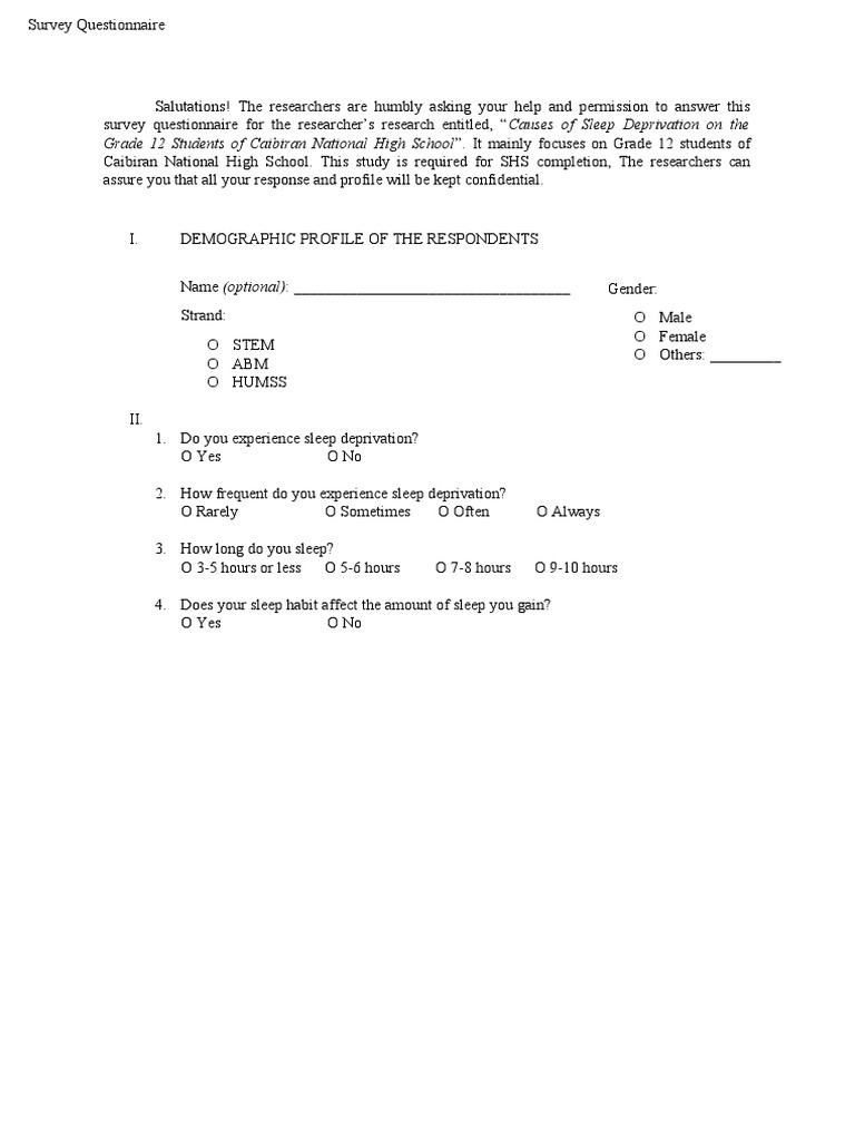 Survey Questionnaire (SAMPLE) | PDF