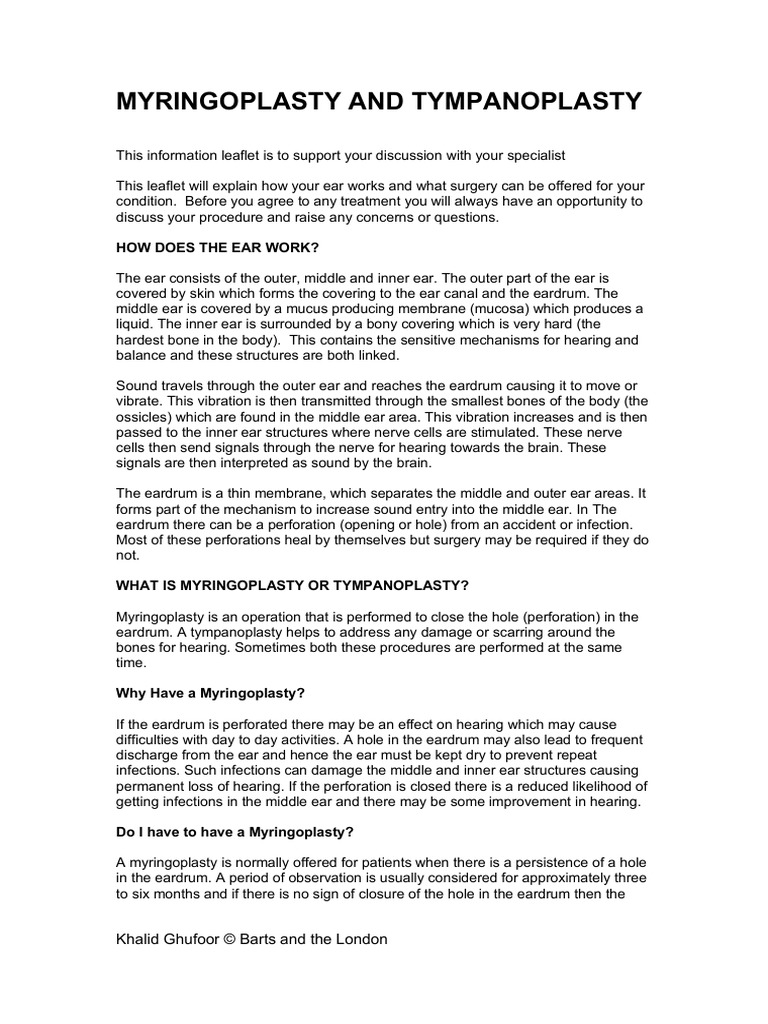 Myringoplasty and Tympanoplasty | PDF | Ear | Surgery