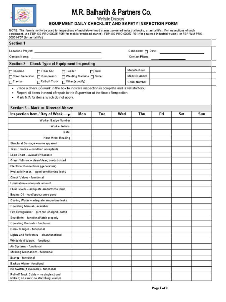 Heavy Equipment Inspection Checklists - MRB | PDF