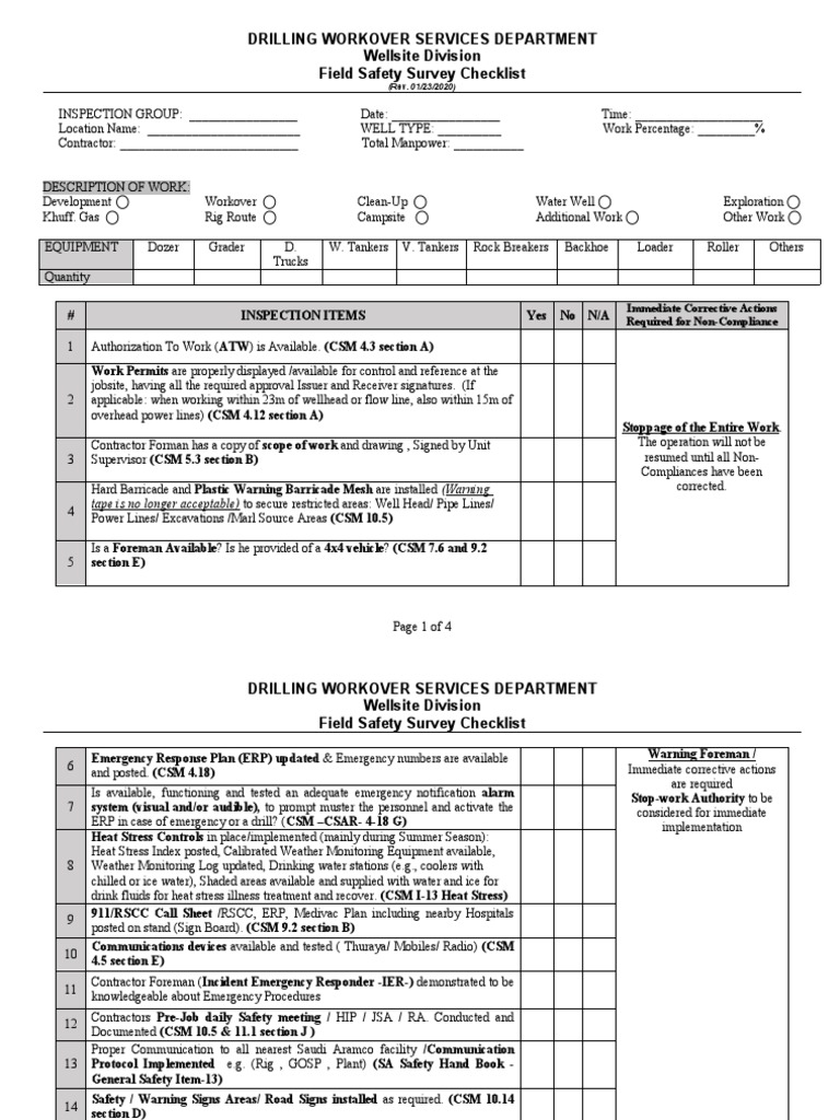 Field Safety Survey Checklist for Drilling | PDF | Firefighter | First Aid