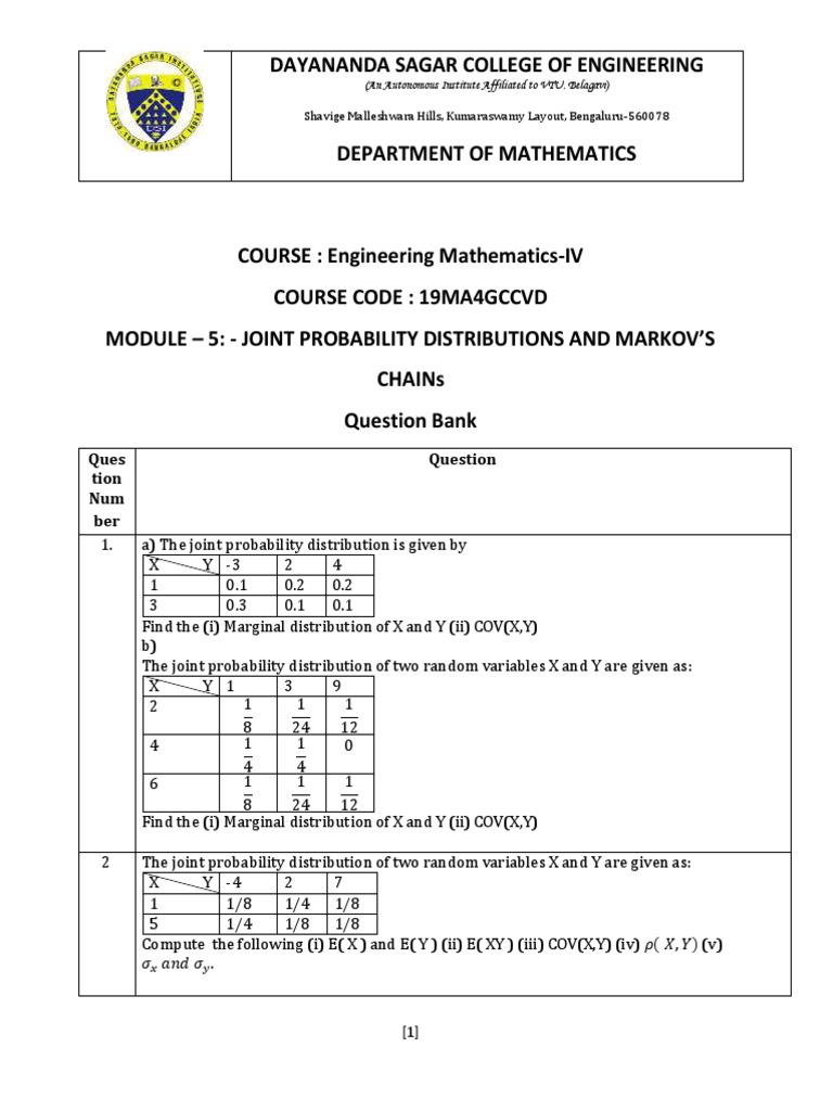 IV-Sem-IT-Module-5-Joint Probability Distribution and Markov Chain-QB | PDF | Markov Chain ...