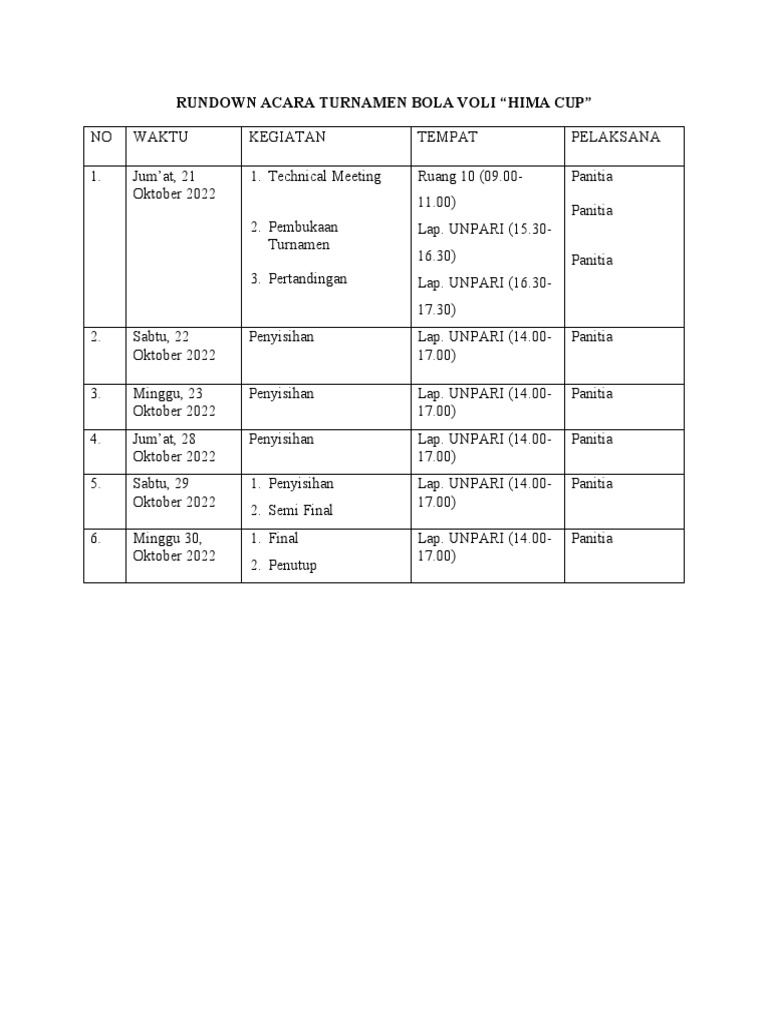 Rundown Acara Turnamen Bola Voli | PDF