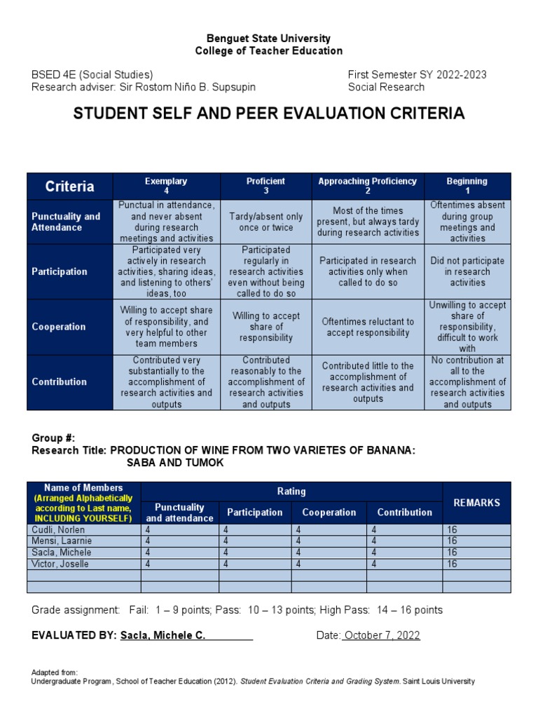 SST Students Self and Peer Evaluation Criteria | PDF | Cognition ...