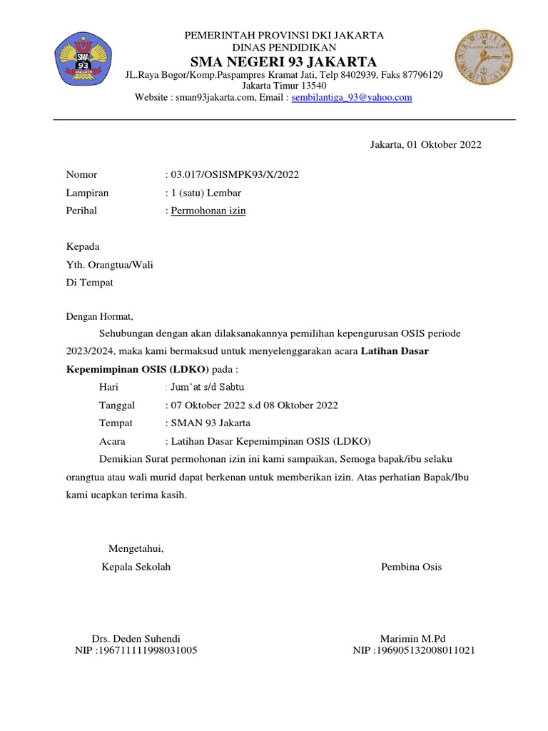 Surat Izin Kegiatan OSIS LDKO | PDF