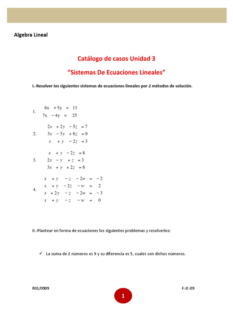 Catalogo 3 Sistemas de Ecuaciones Lineales | PDF | Ecuaciones ...