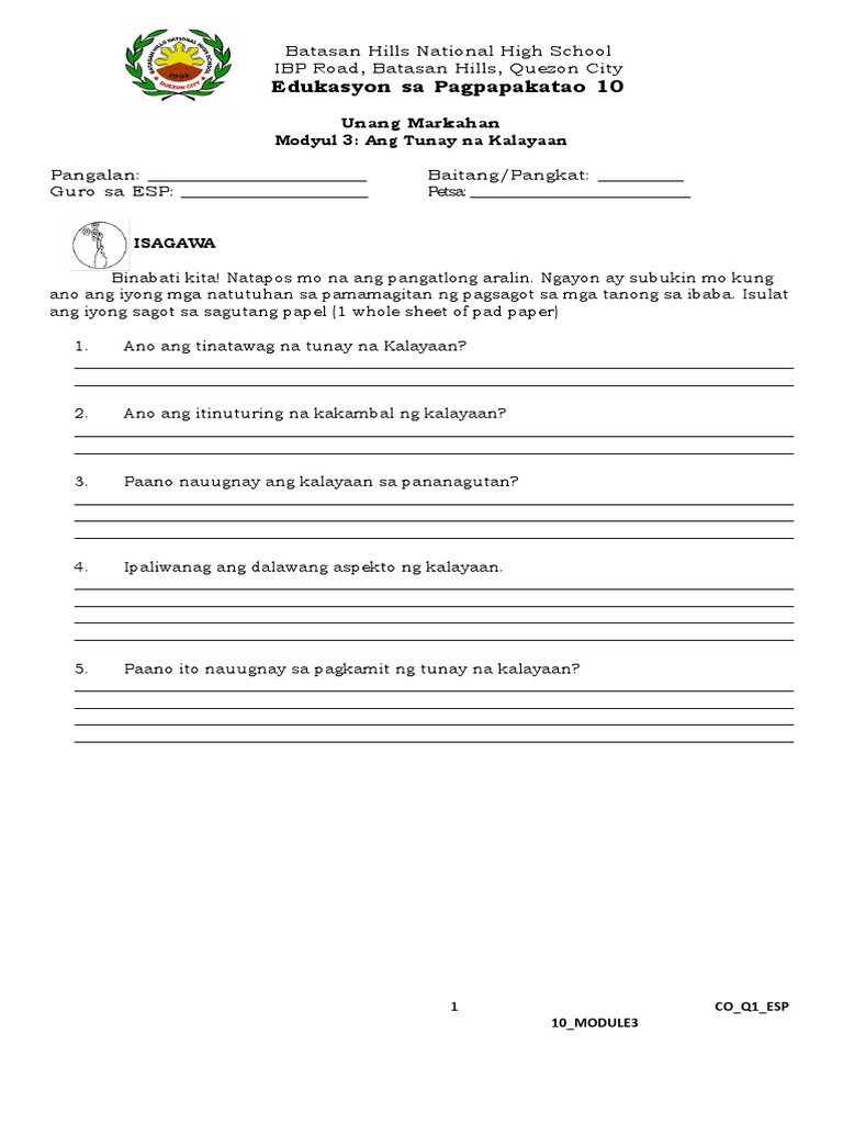 Worksheet - EsP-10 M3 Performance-Task Q1 2022-2023 | PDF