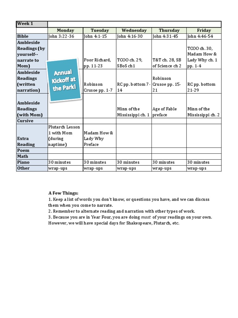 Year 4 AO Sample Weekly Schedule | PDF