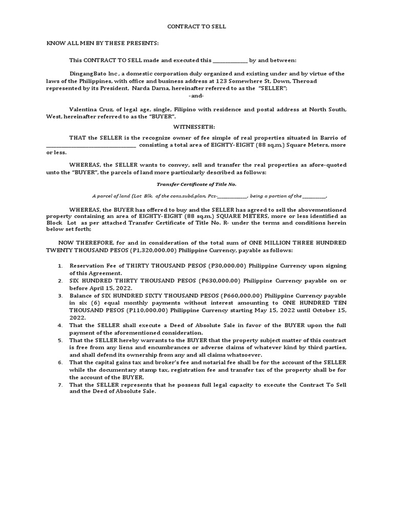 Sample Contract To Sell | PDF | Property | Property Law