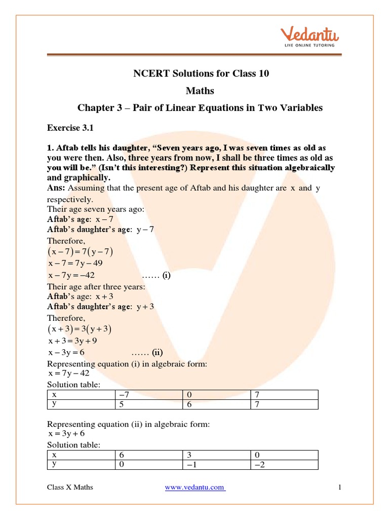 NCERT Solutions For Class 10 Maths - Pair of Linear Equations in Two Variables | PDF | Equations ...