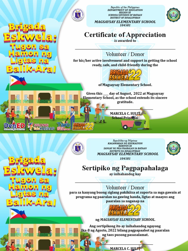 BRIGADA ESKWELA CERTIFICATE OF PARTICIPATION and PLEDE OF COMMITMENT BOOKLET | PDF