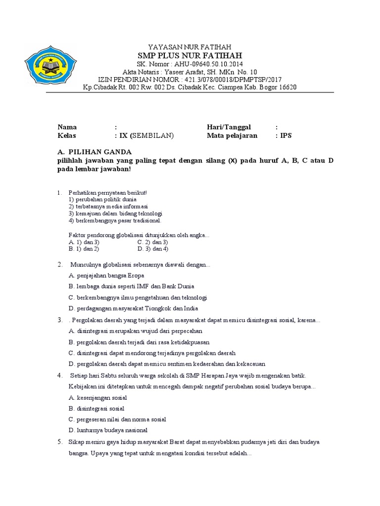 Soal Pts SMP Kelas Ix Ips | PDF