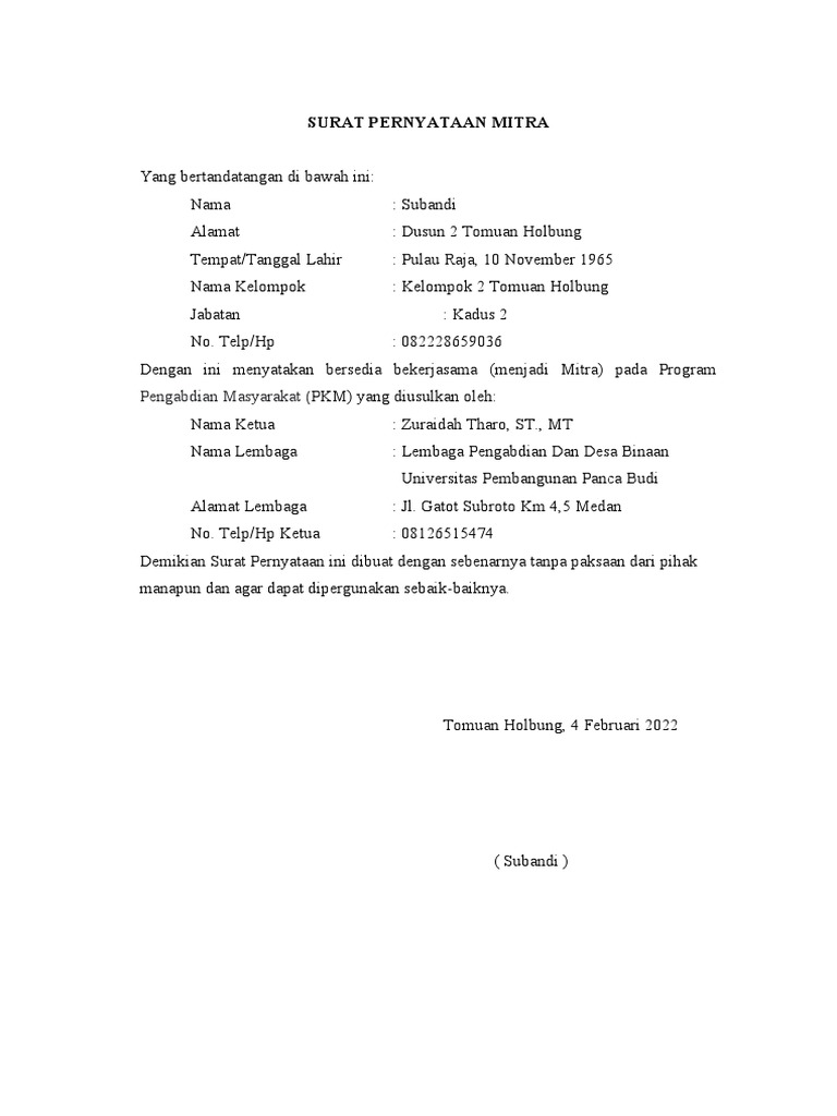 Surat Pernyataan Mitra | PDF