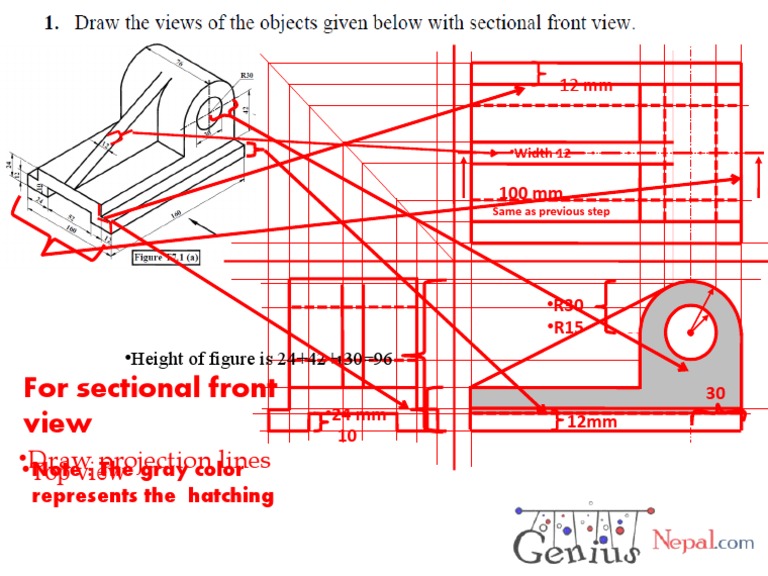 For Sectional Front View: - Draw Projection Lines - Top View | PDF
