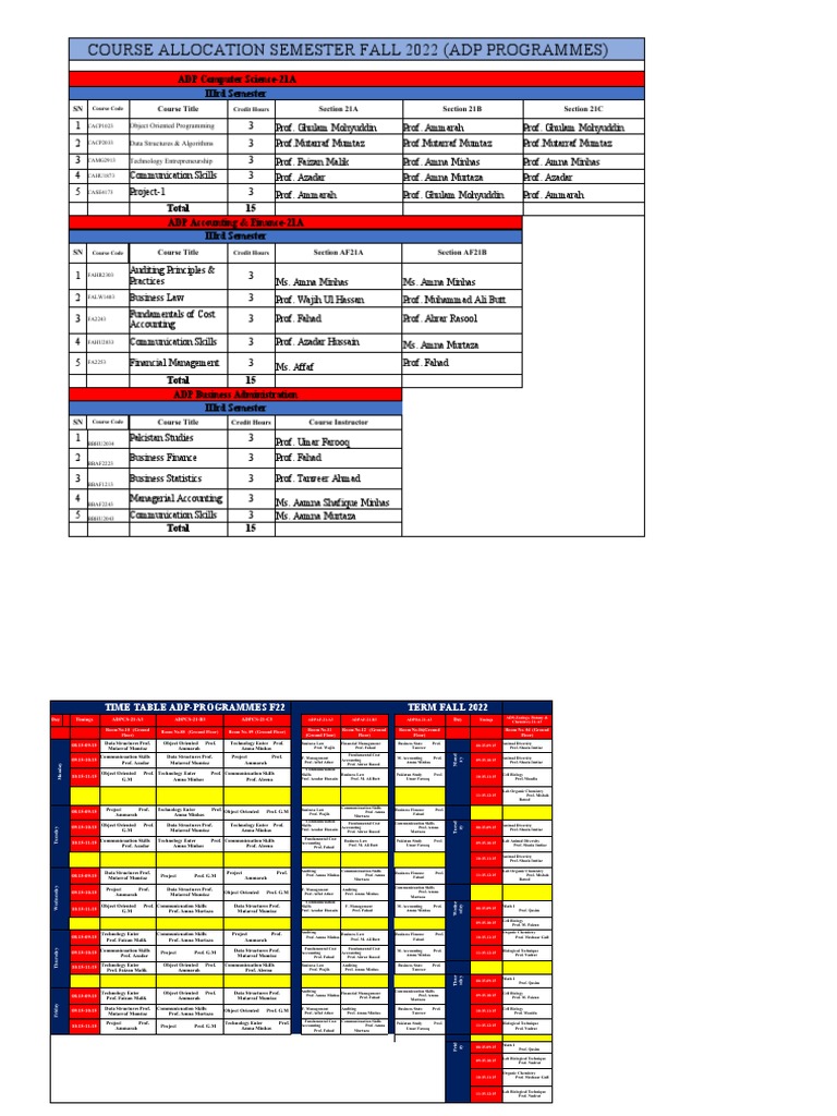 Time Table & Course Allocation Fall 2022 (UCP-ADP C9) | PDF | Accounting