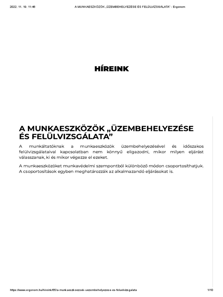 A MUNKAESZKÖZÖK ÜZEMBEHELYEZÉSE ÉS FELÜLVIZSGÁLATA" - Ergonom | PDF