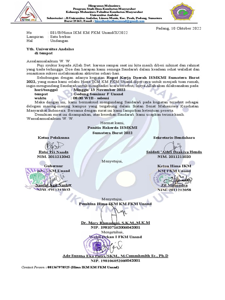 081 - Surat Undangan Rakerda ISMKMI Sumbar 2022 - Universitas Andalas | PDF