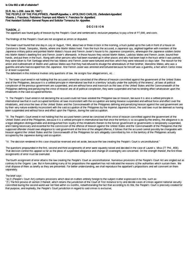 1pp V Apolonio Carlos GR No. L 239 June 30 1947 | PDF