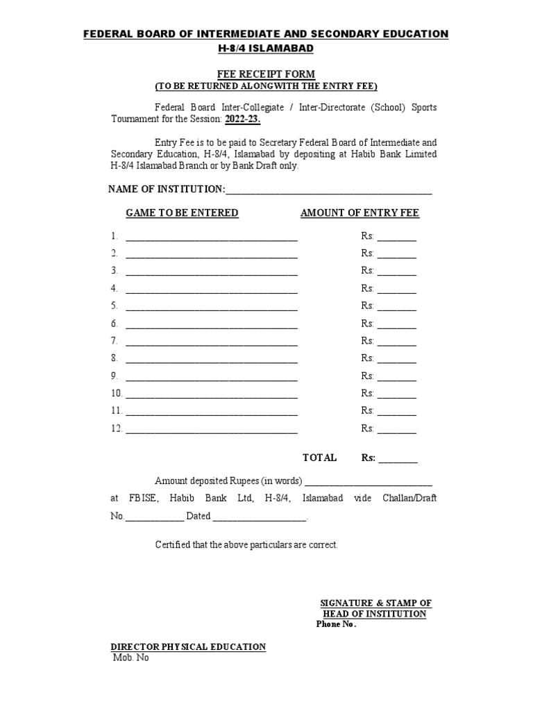 Fee Receipt Form Sports | PDF