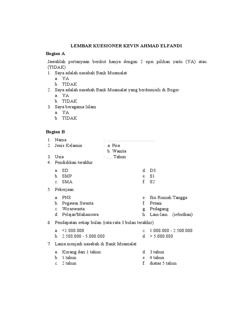 Kuesioner Baru Hasil Revisi Kevin Ahmad Elfandi | PDF