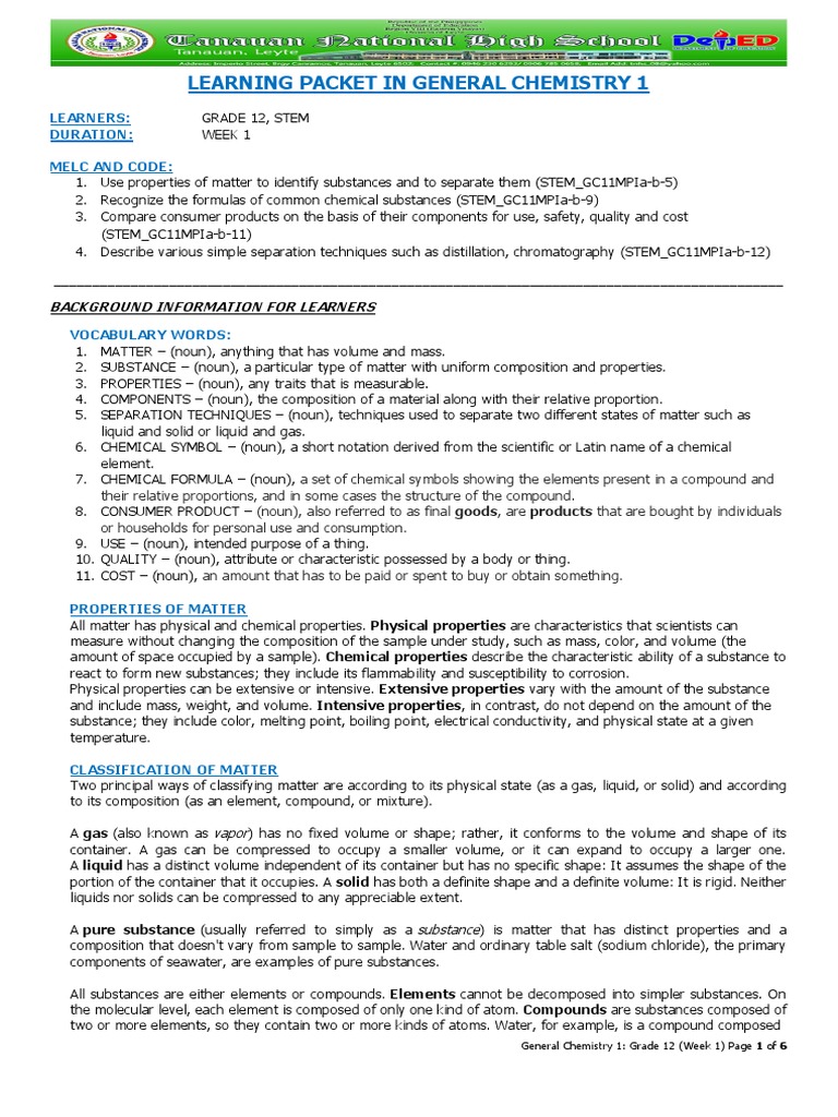 LEARNING ACTIVITY SHEET-CHEM 1 q1 week 1 student copy | PDF | Chemical ...