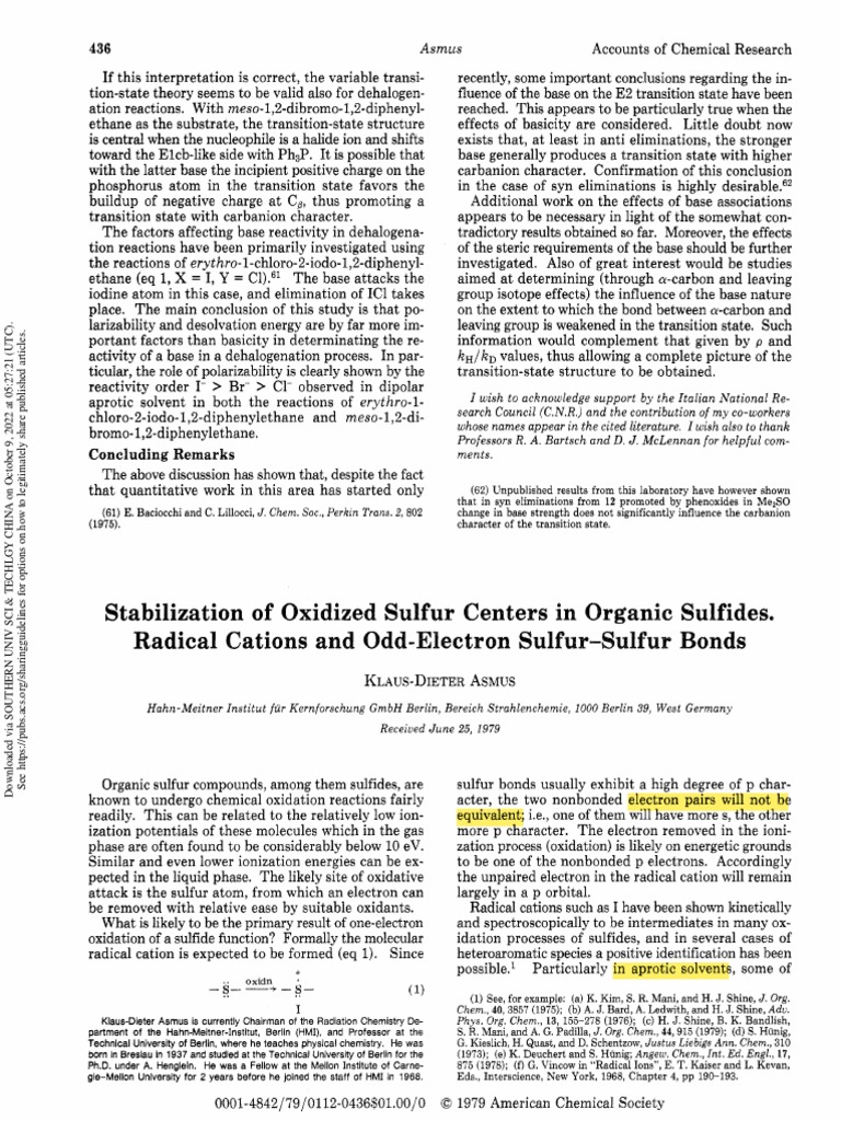 AccChemRev 1979 Suflur Radical Cation | PDF | Chemical Reactions | Ion