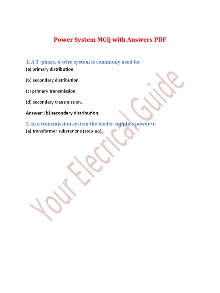 Power System MCQ With Answers PDF | PDF | Electric Power Transmission ...